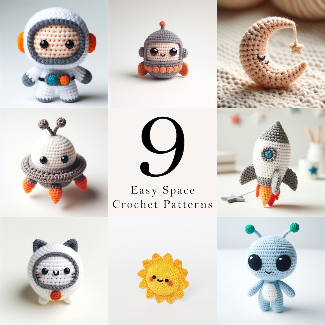 9 Space Crochet Pattern Set , Simple Amigurumi Mini Alien Rocket PDF ...