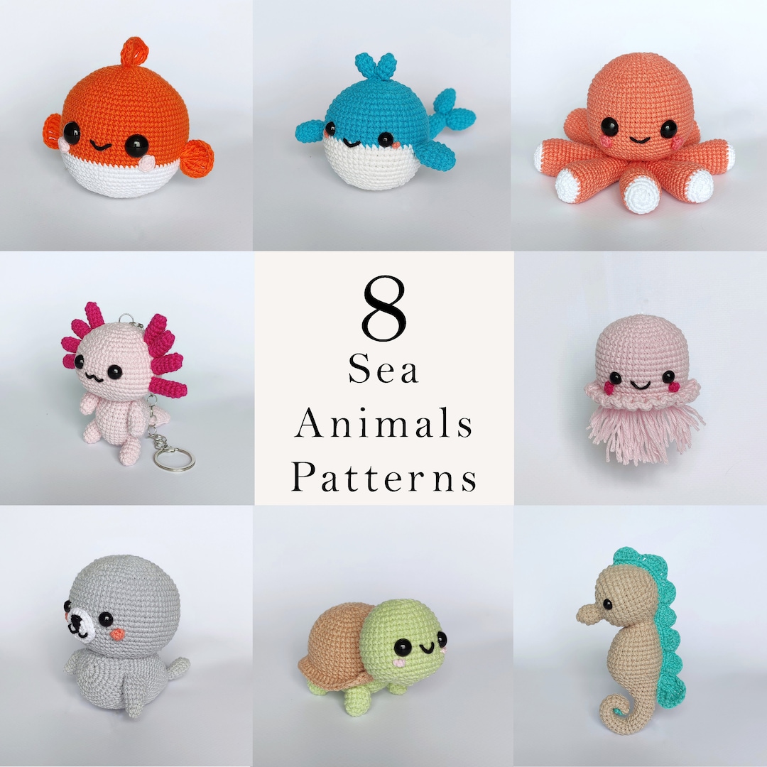 8 Sea Animals Crochet Pattern Set, Simple Amigurumi Mini Axolotl Fish ...
