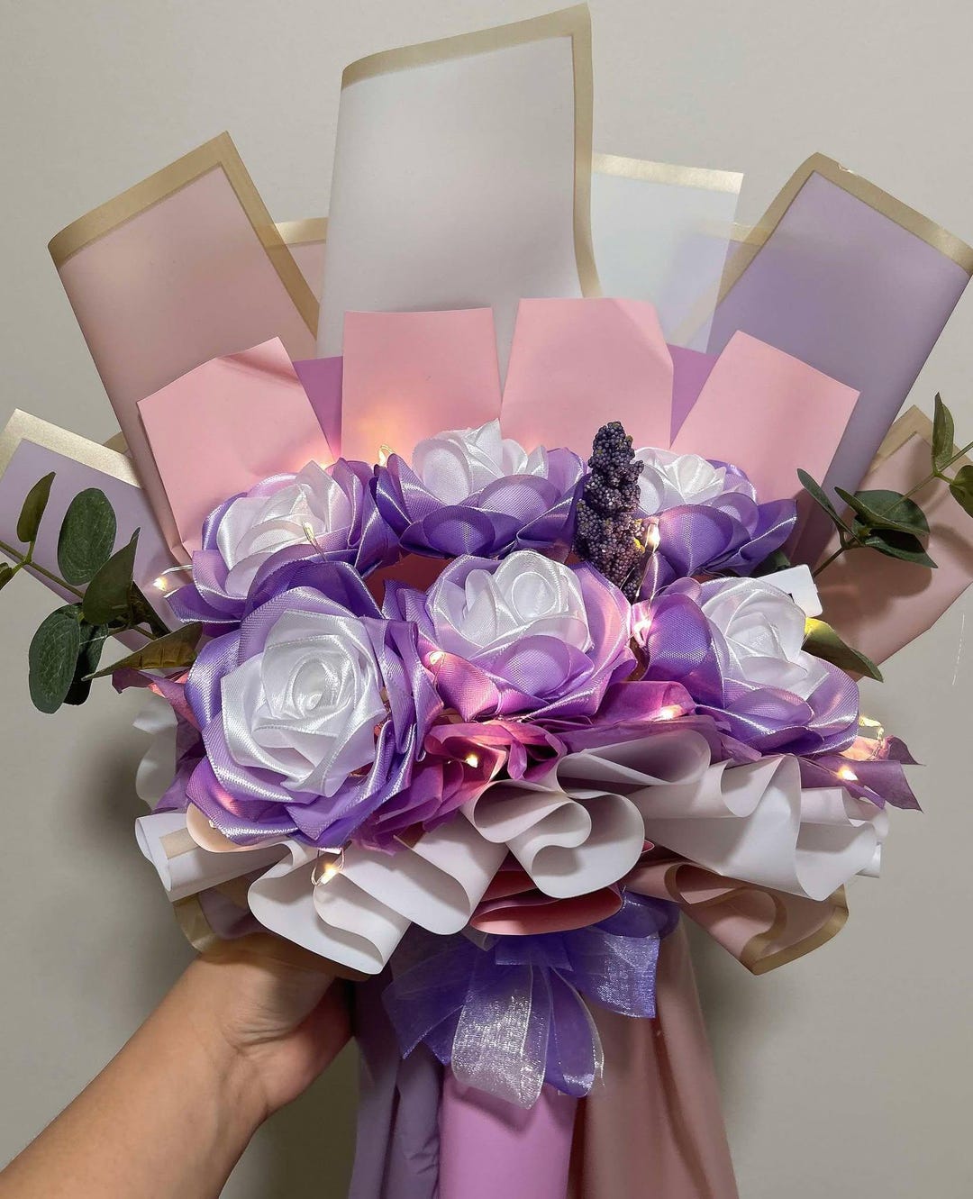 Purple and White Ribbon Roses With Fairy Lights / Eternal Handmade ...