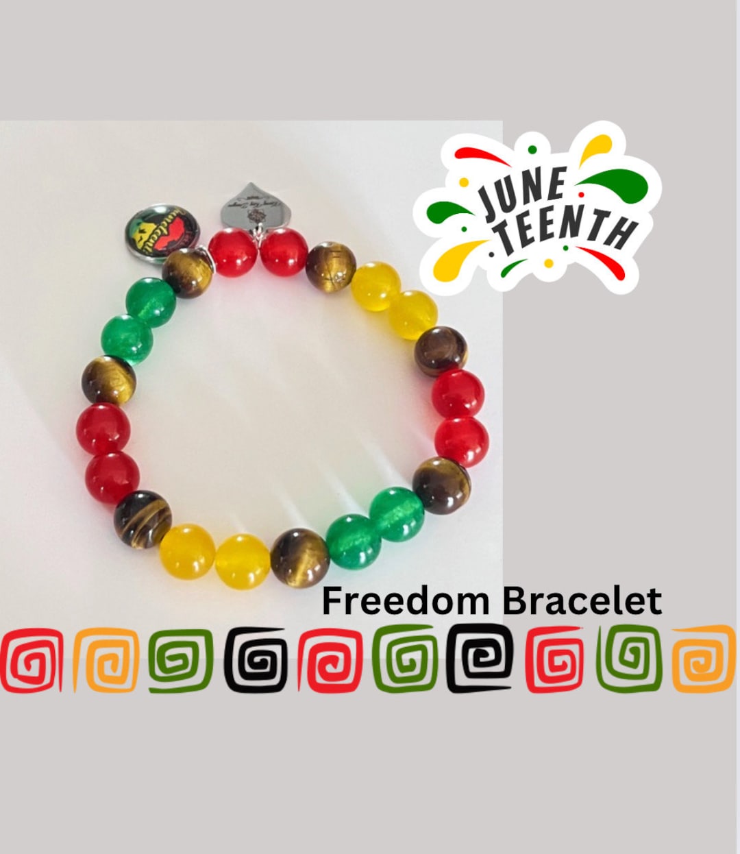 Juneteenth Beaded Bracelet: Tiger Eye & Chalcedony Gemstone, Rasta ...