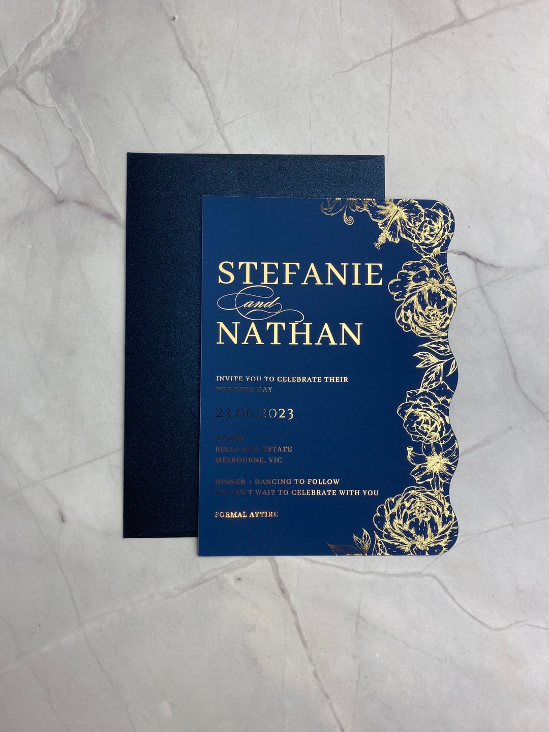Navy Floral Wedding Invite, Real Gold Foil Wavy Invites , Floral ...