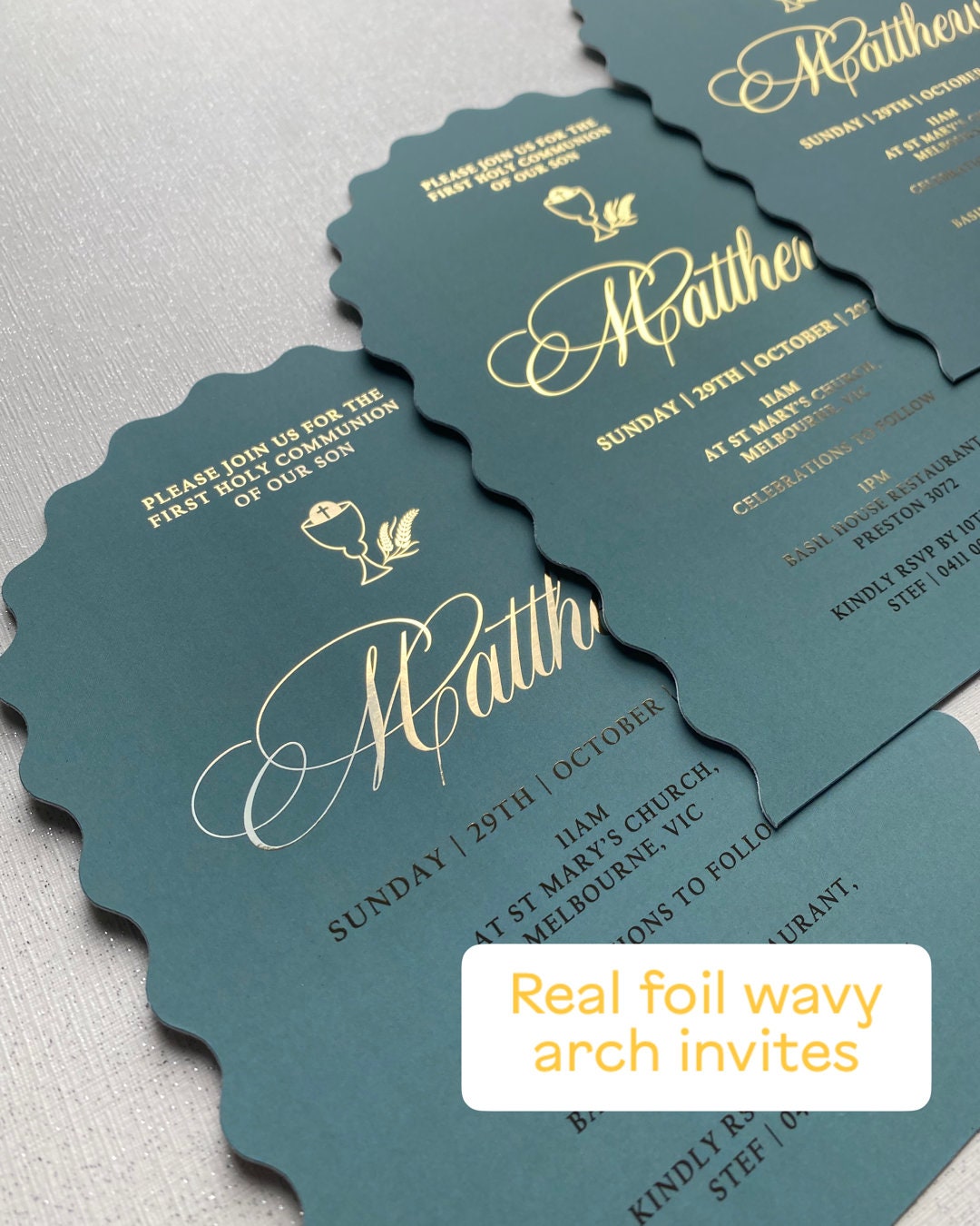 Real Gold Foil Wavy Arch Sage Invite, Baptism Invitation, Christening ...