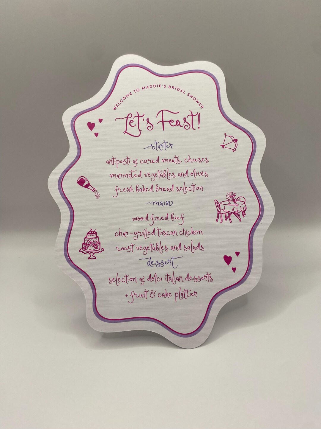 Pink Bridal Shower Wave Wedding Menu Printed Wavy Oval Shaped Wedding ...