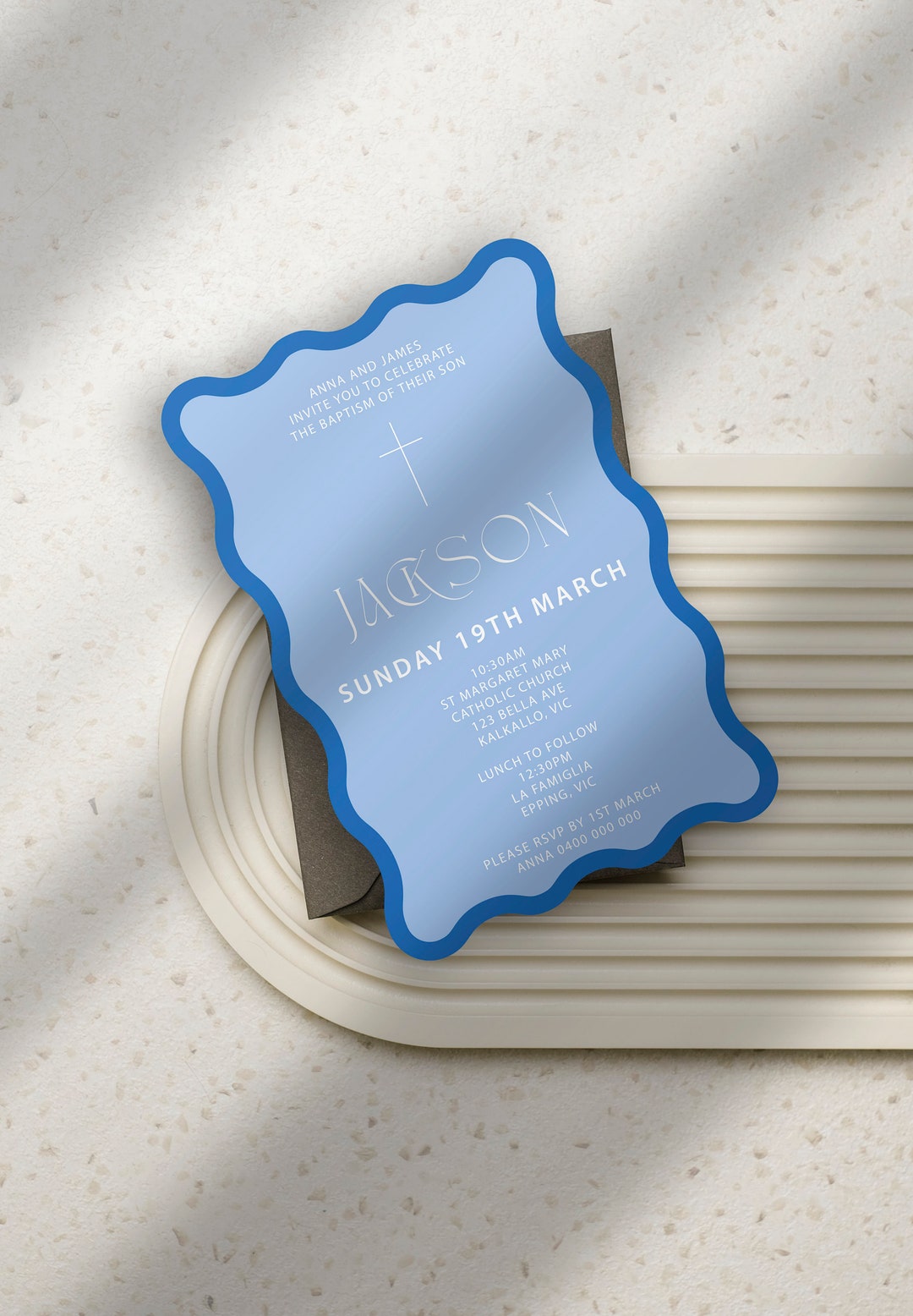 Blue Wave Invite, Baptism Invitation, Blue Christening Invitation ...