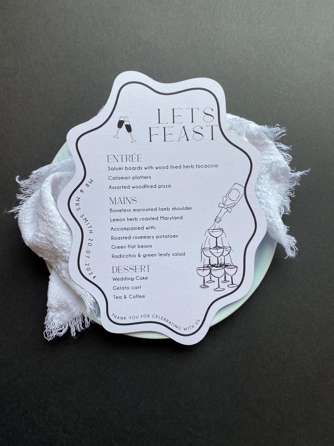 Black and White Wave Wedding Table Menu Printed Wavy Oval Shaped ...