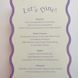 Lilac Wave Wedding Table Menu, Wedding Menus Place Cards - Personalised ...