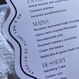 Black and White Wave Wedding Table Menu Printed Wavy Oval Shaped ...