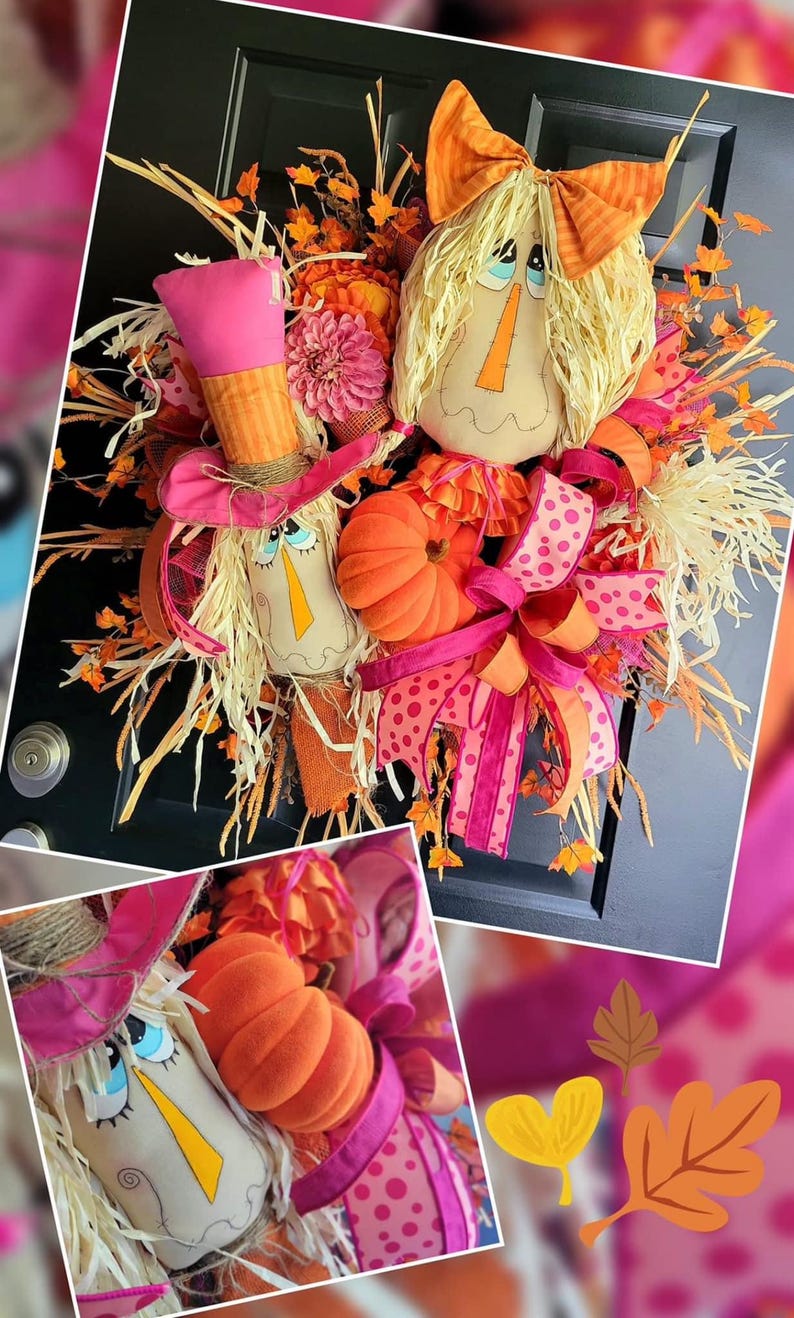 Whimsy Pink Fall Scarecrow Wreath - Etsy