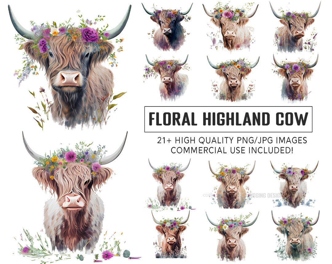 Set of 21, Highland Cow Clipart Watercolor Clipart, Highland Cow Clip ...