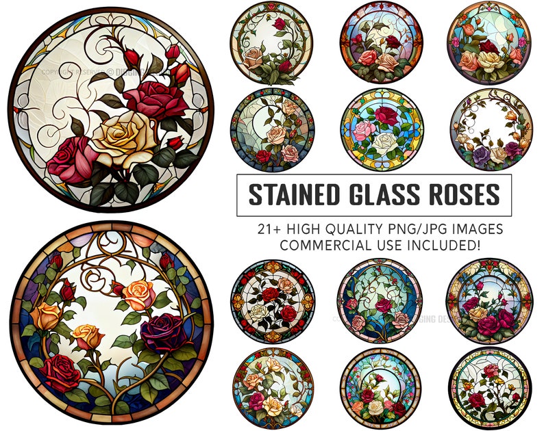 Set of 21 Rose Stained Glass Clipart Watercolor Clipart Rose - Etsy