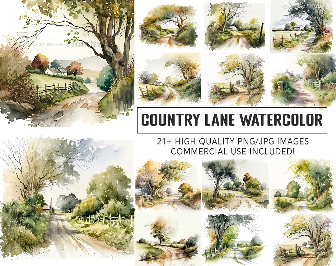 Set of 21, Country Lane Watercolor Clipart, Country Lane Clip Art ...
