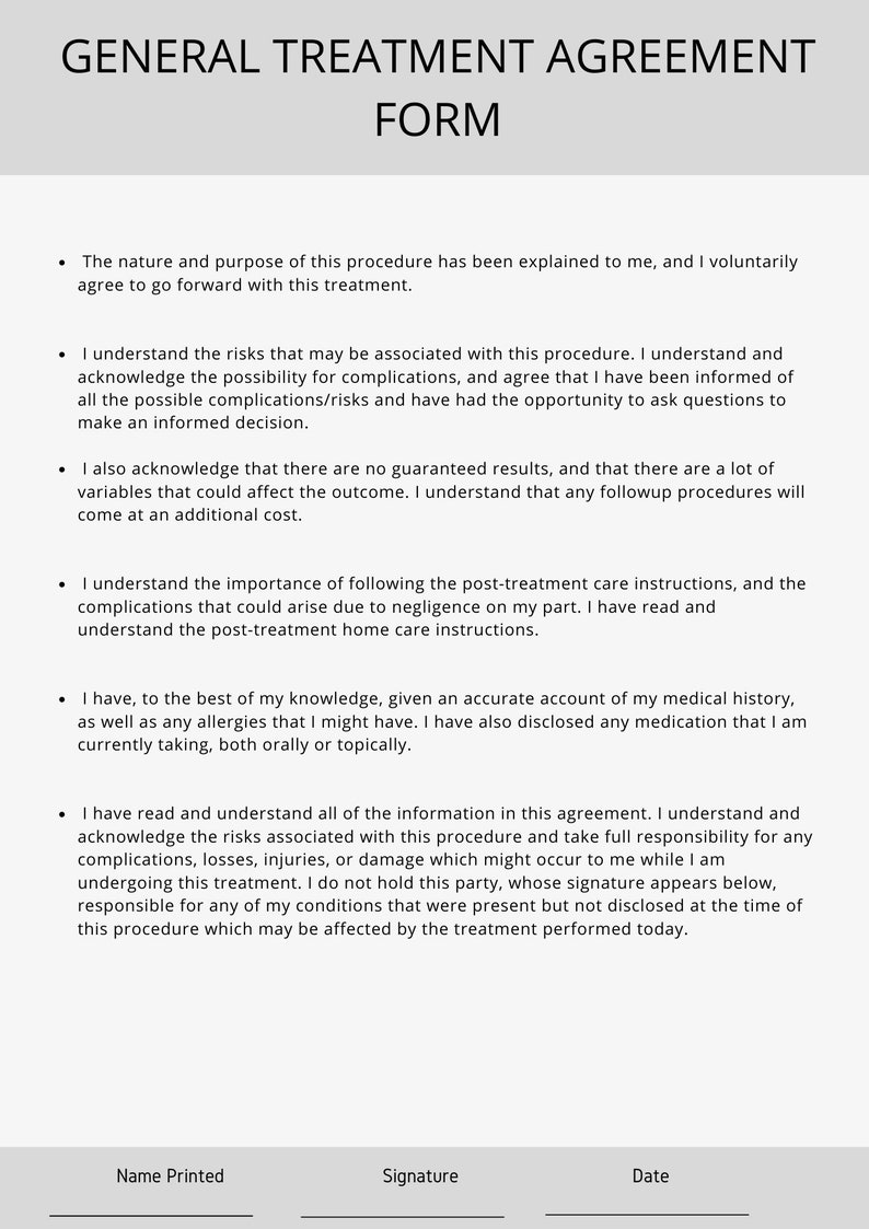 EDITABLE General Agreement Form, General Treatment Waiver, Beautician ...