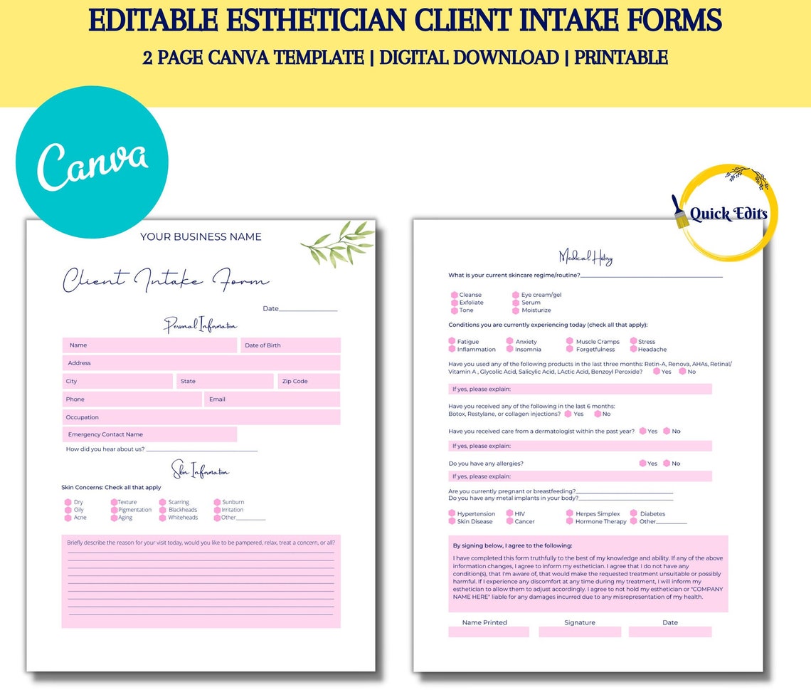Esthetician Business Consent Forms, Esthetician Client Intake Forms ...