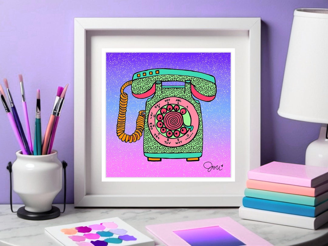 Retro Phone Print • Hand Drawn Vintage Art • Rotary Landline • Physical ...