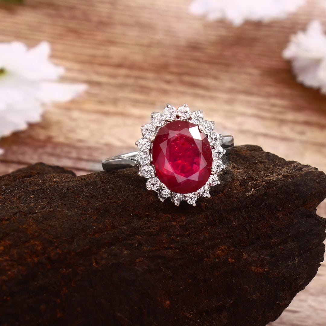 5 Ct Red Ruby Silver Ring, Halo Engagement Ring, 925 Sterling Silver ...