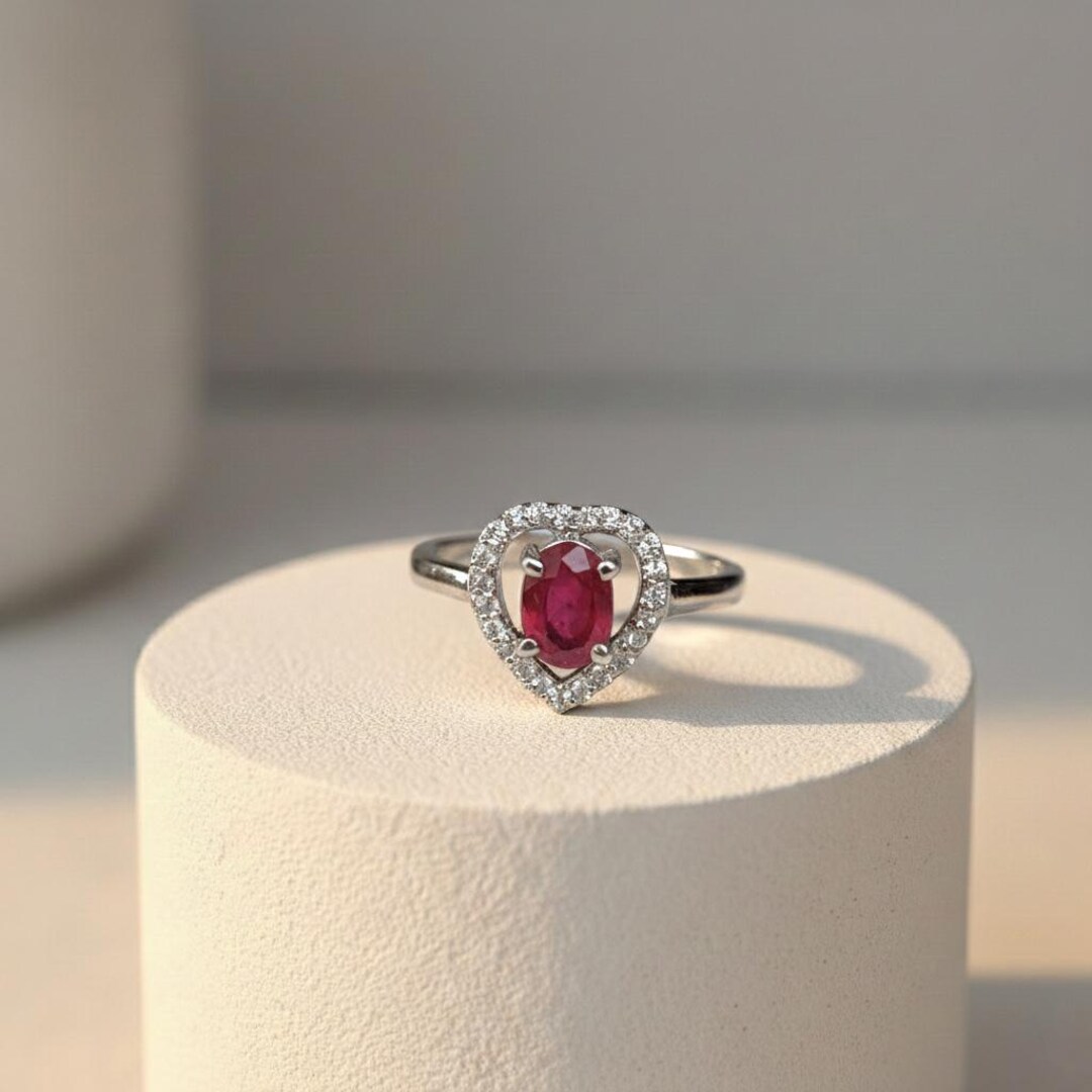 Heart Shape Ruby Ring, Halo Diamond Sterling Silver Jewelry, Mother's ...