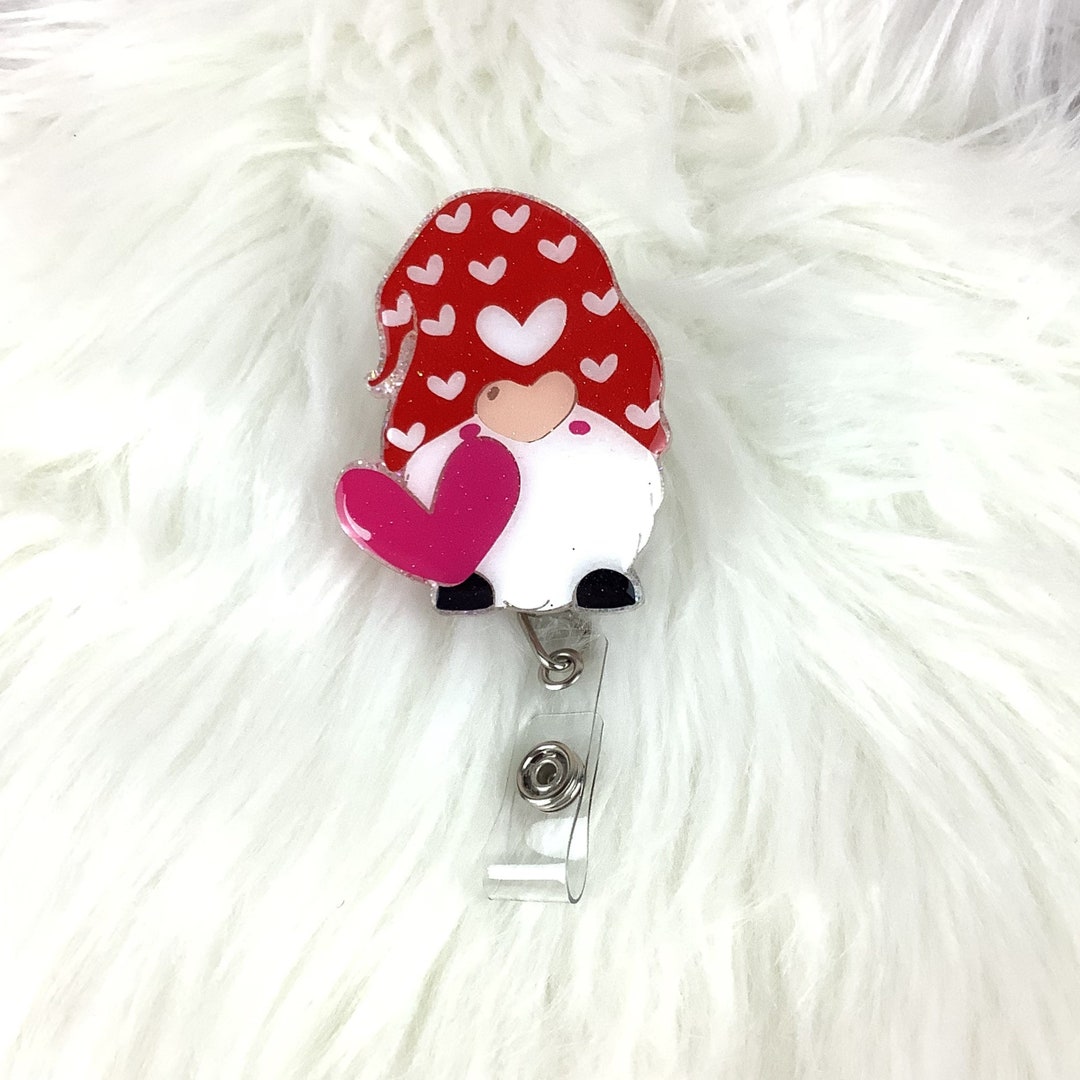 Valentine’s Gnome Badge Reel, Pink Heart Gnome, Glitter Gnome, Gnome ...