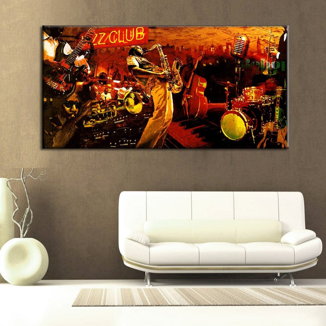 Jazz Club, Night and Music, Concert, Orchestra, Oil Painting, Canvas ...