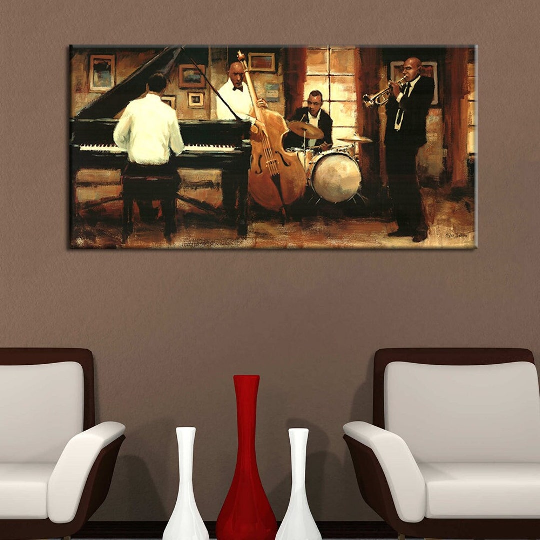Jazz Club, Night and Music, Concert, Orchestra, Oil Painting, Canvas ...