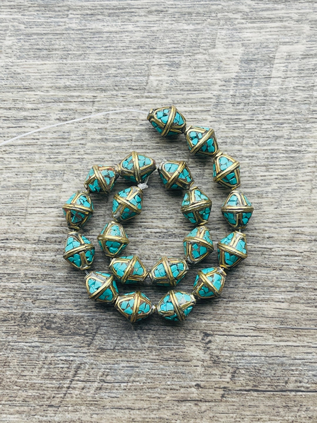10 BEADS - 14mm, Bicone Shape, Nepal Handmade Beads, Inlaid Turquoise ...