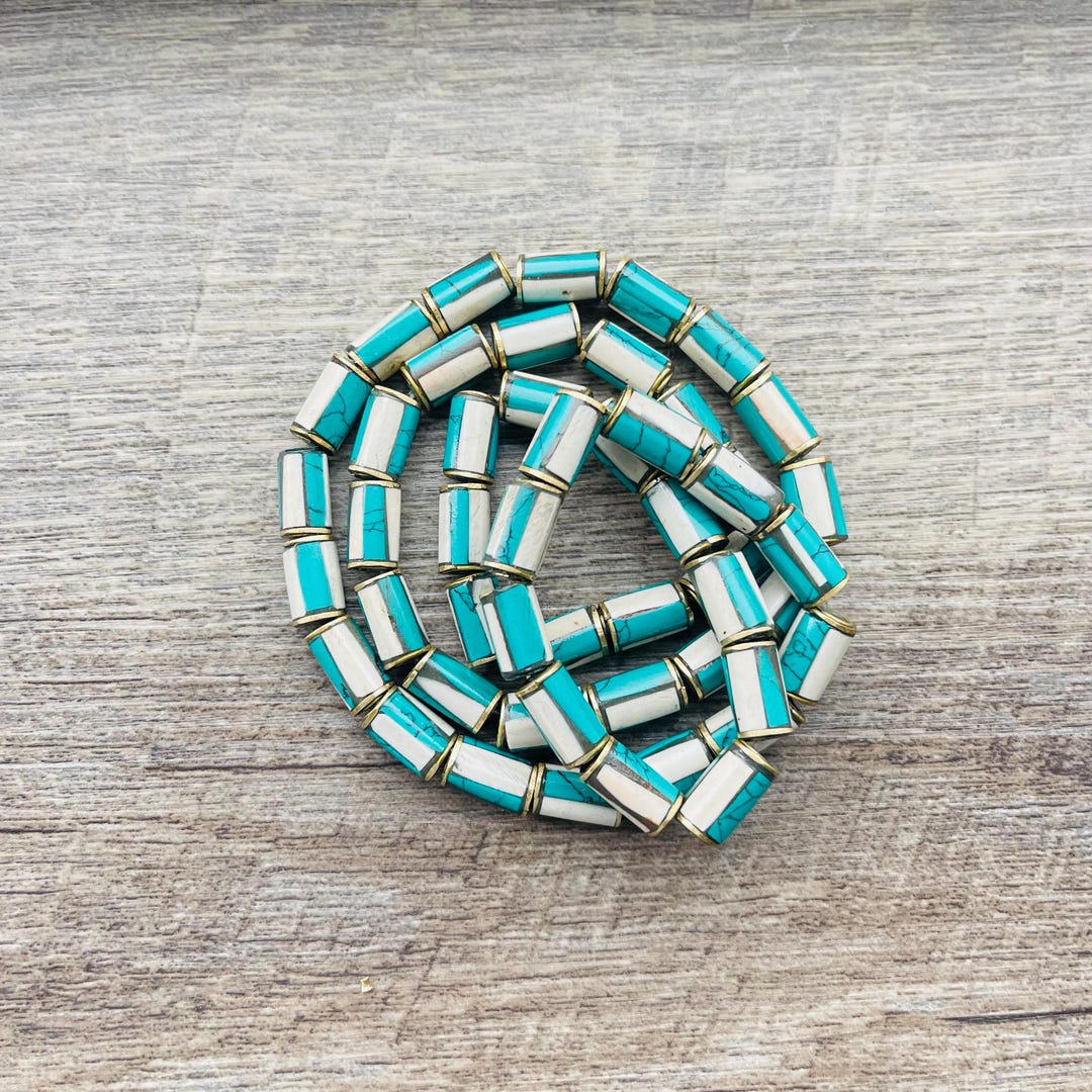 Turquoise & Shell Inlay Tibetan Barrel Beads: Nepal Hill Tribe Brass ...
