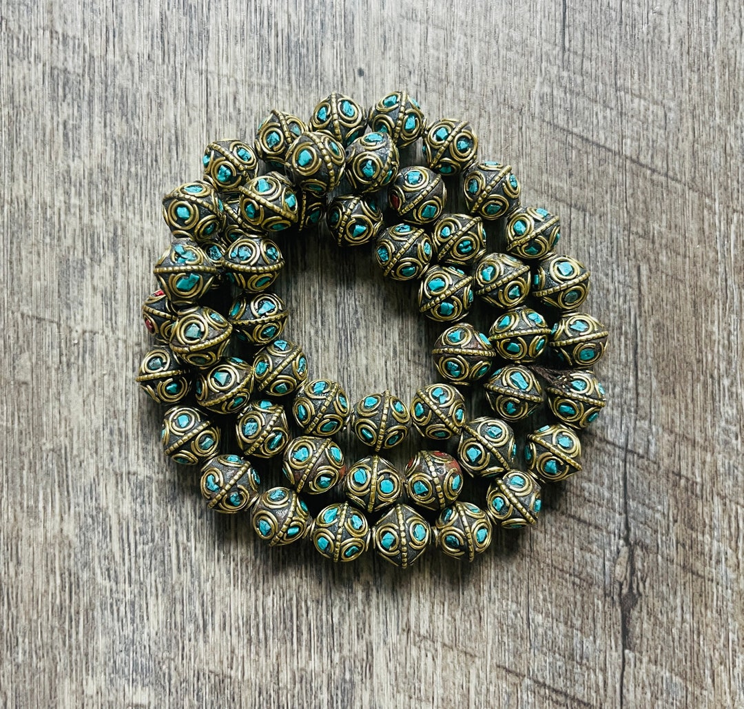 Brass Beads Turquoise Inlays, Ethnic Beads, Saucer Shaped Beads, Nepal ...