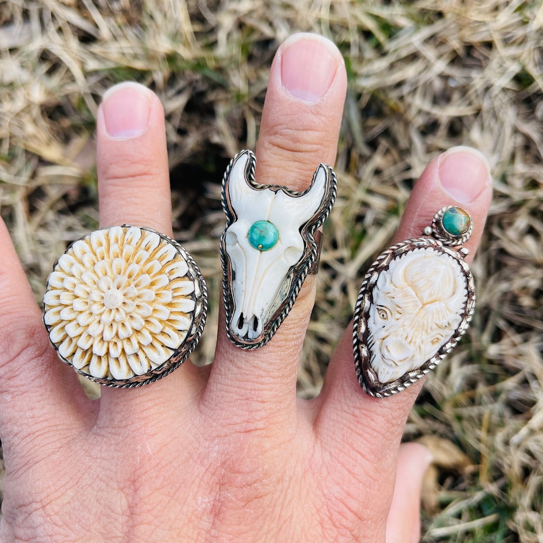 Handmade Buffalo Bone Ring: Tibetan Silver, Turquoise Stone, Adjustable ...