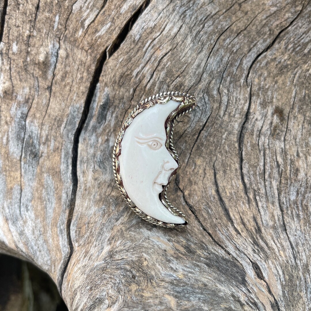 Buffalo Bone Crecent Moon Face Ring, Tibetan Silver Setting, 2.57 Long ...