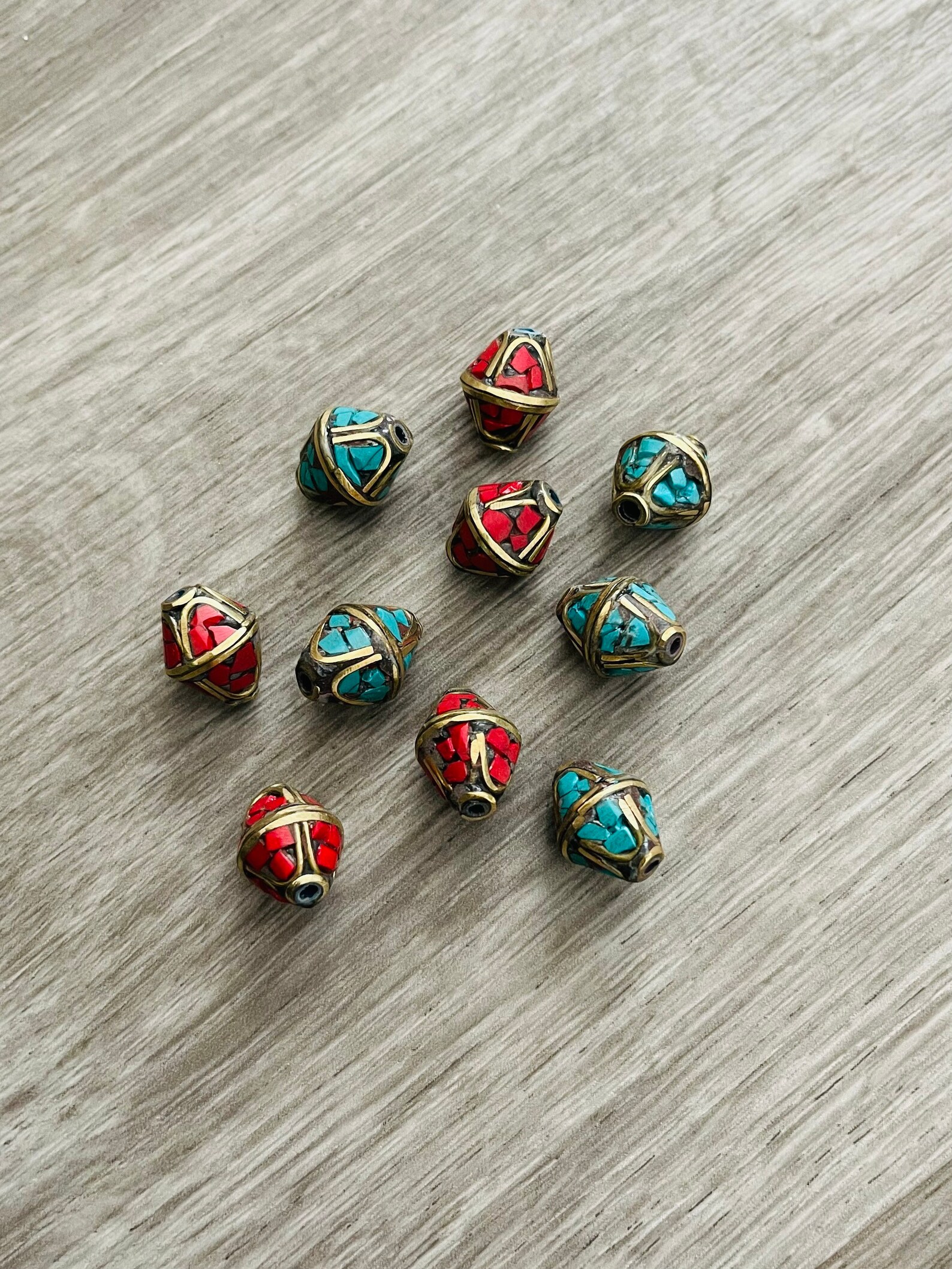 10 BEADS 14mm Bicone Shape Nepal Handmade Beads Inlaid | Etsy
