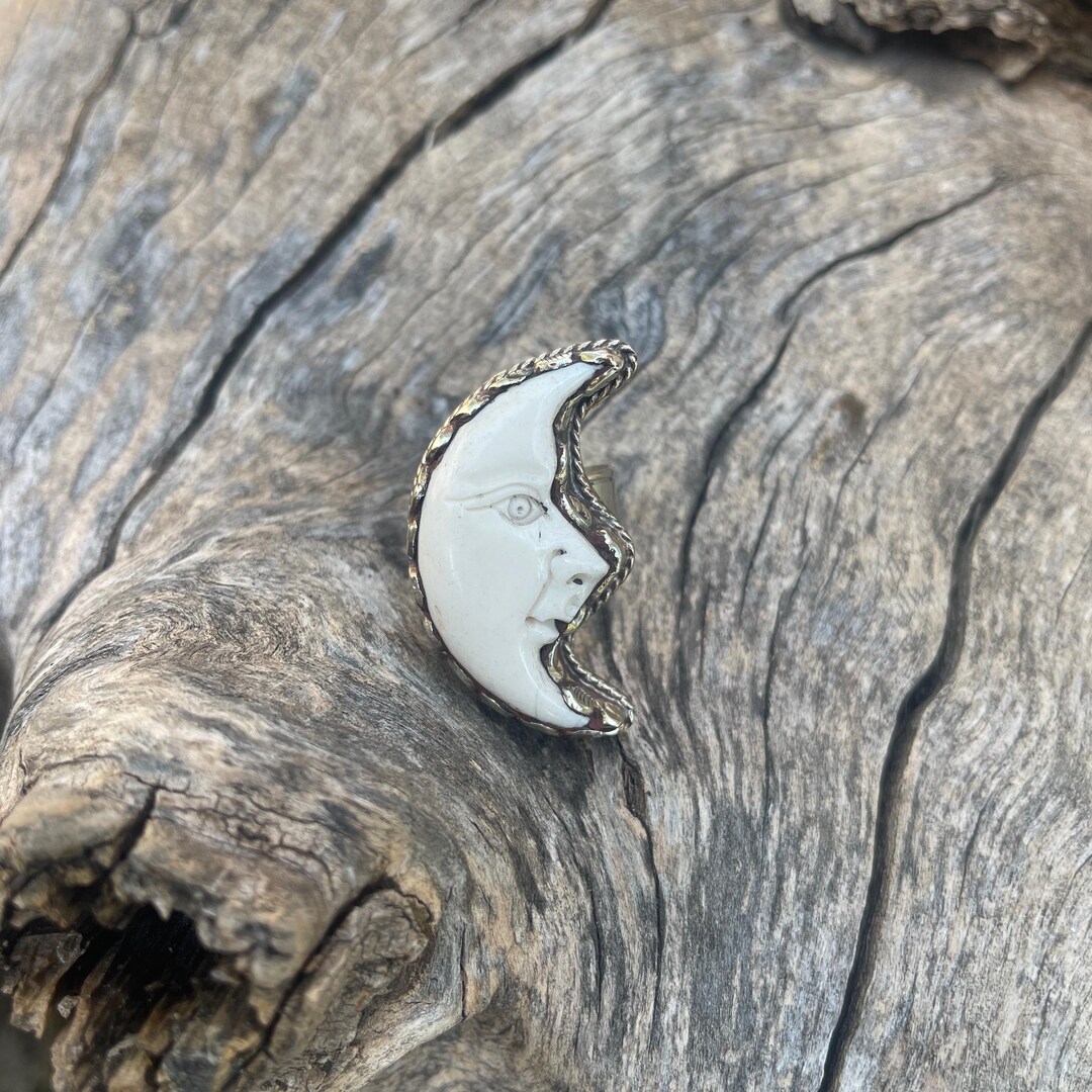 Buffalo Bone Crecent Moon Face Ring, Tibetan Silver Setting, 1.5” Long ...