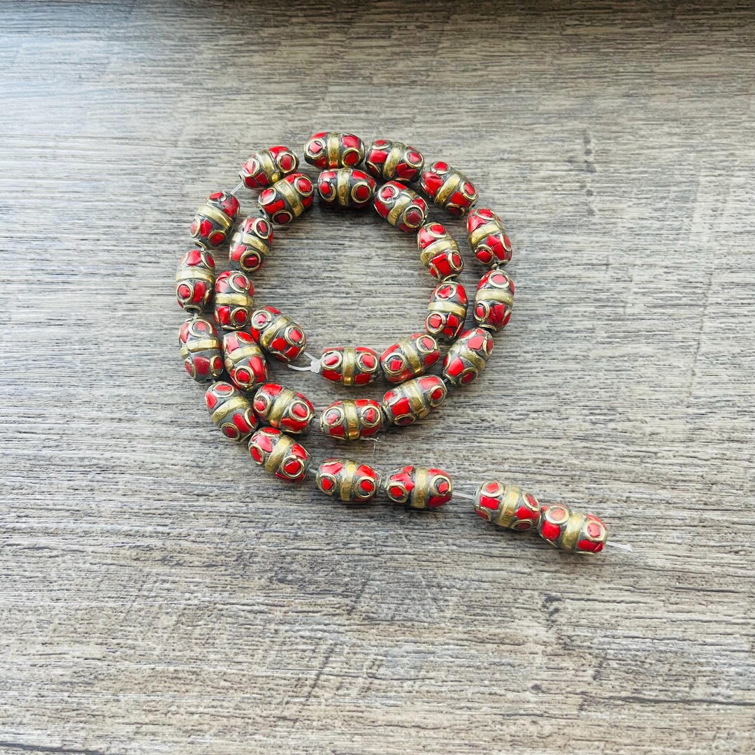 10 BEADS - 11.5mm, Barrel Shaped Tibetan Beads, Turquoise Lapis Inlays ...