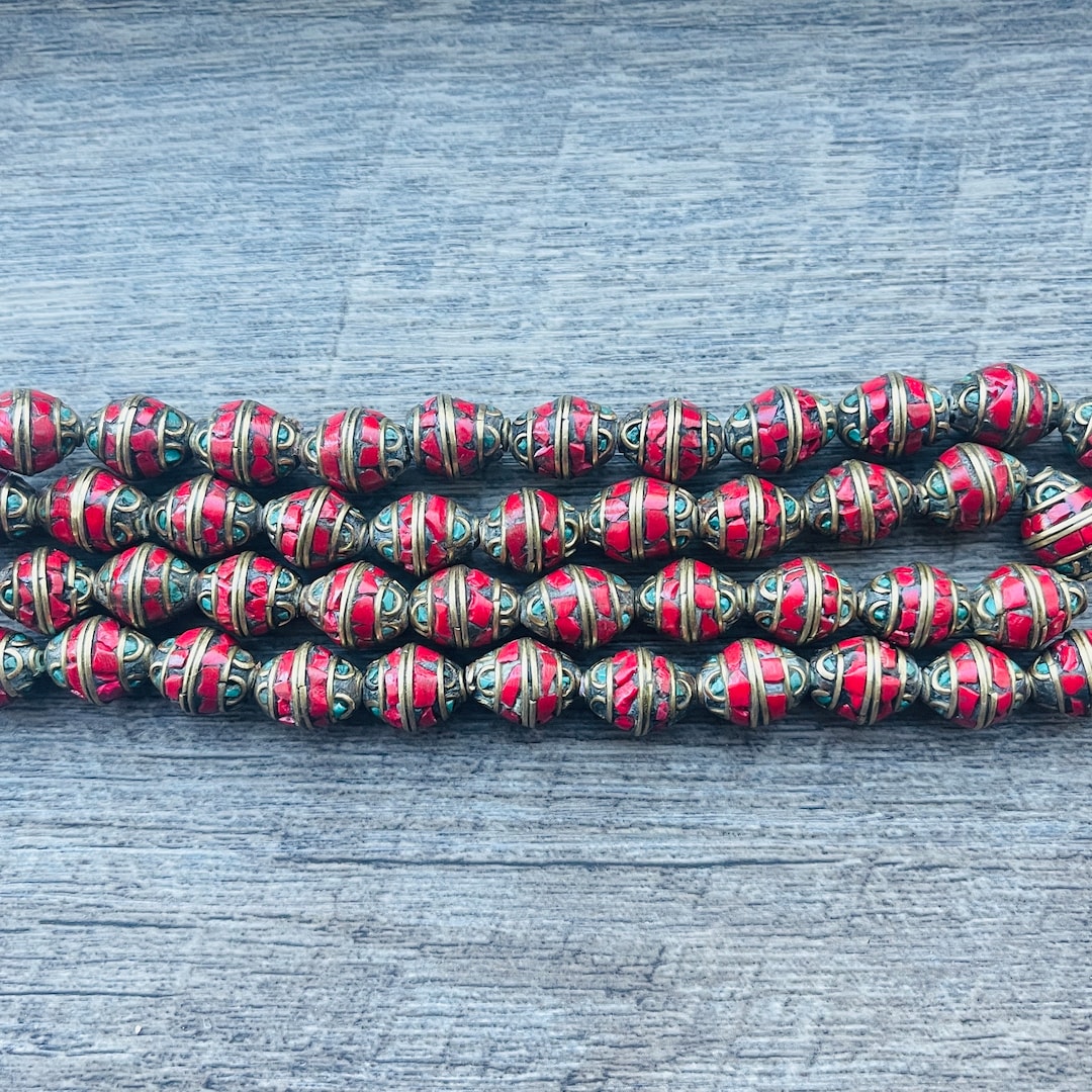Tibetan Bicone Beads: Coral & Turquoise Inlays, Nepal Ethnic Design ...
