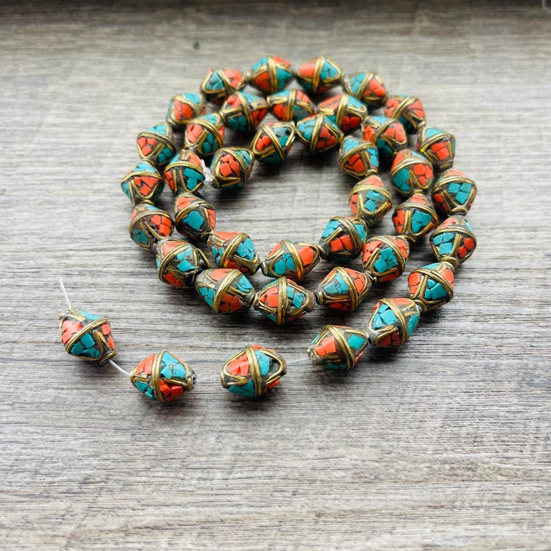 10 Nepal Handmade Bicone Beads: Turquoiseand Coral Inlays (14mm), GLAB ...