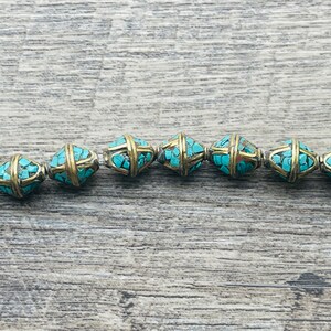 10 BEADS - 14mm, Bicone Shape, Nepal Handmade Beads, Inlaid Turquoise ...