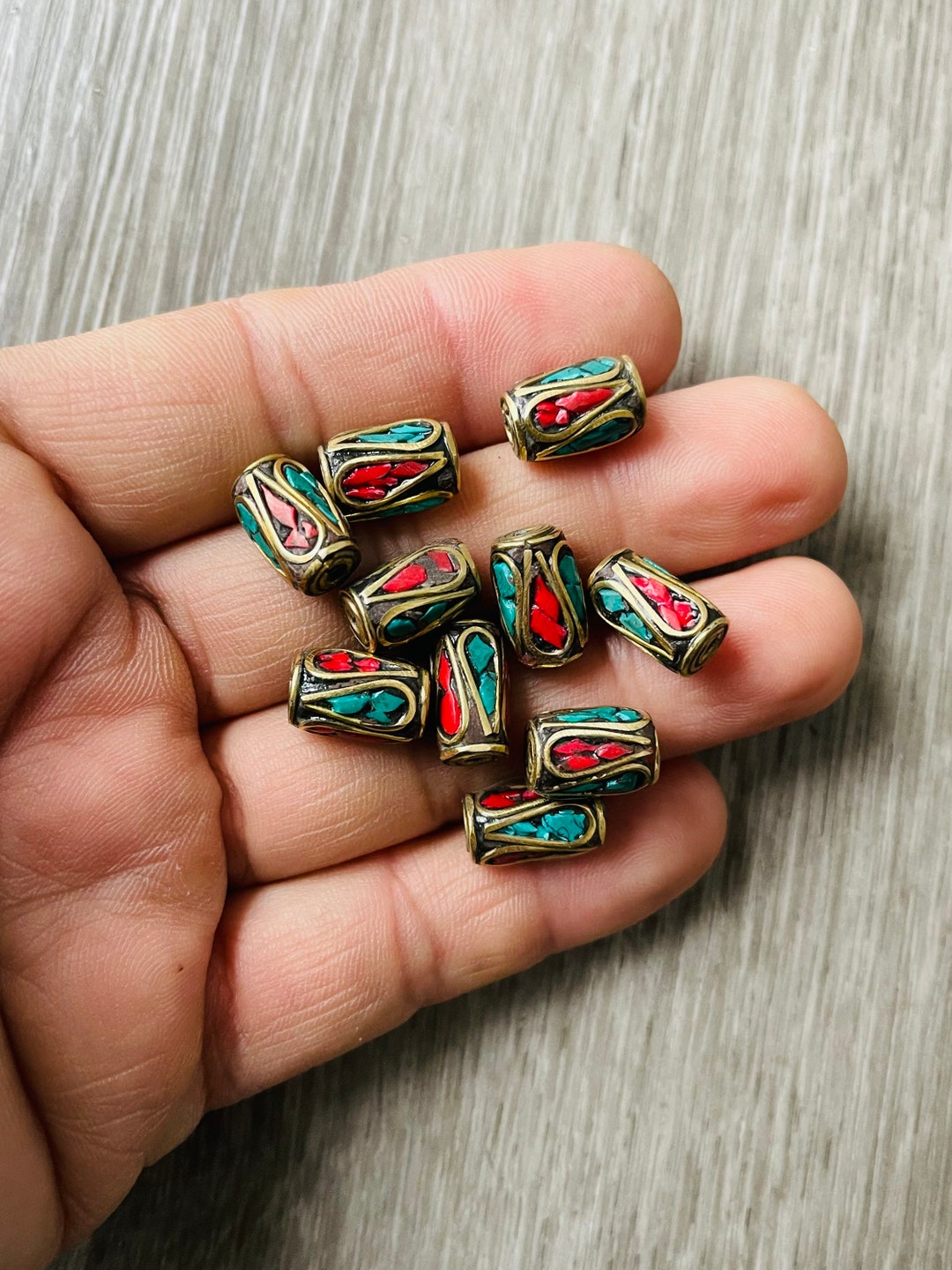 Nepal Beads: Barrel Shape Ethnic Beads, Turquoise Coral Inlaid With ...