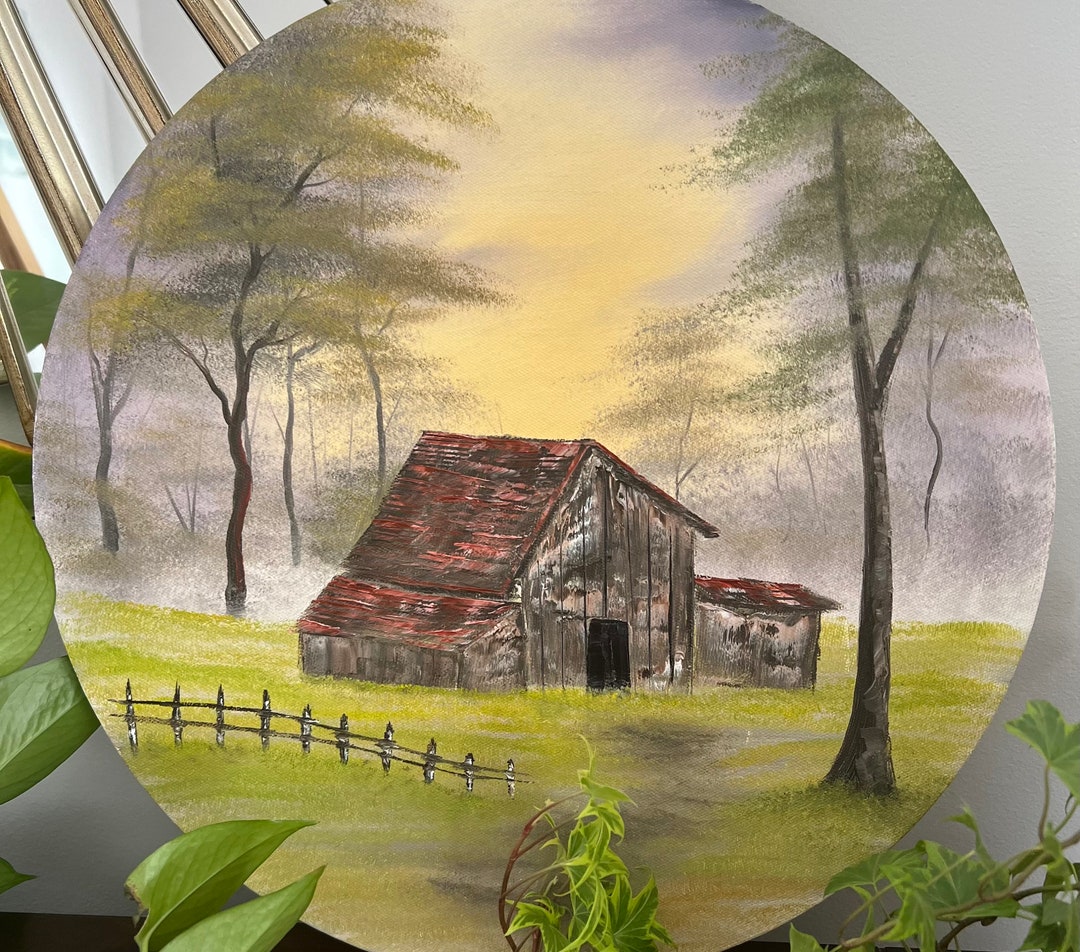 Grandpa's Barn: Bob Ross Style Oil Painting 16x16 Circle Canvas - Etsy