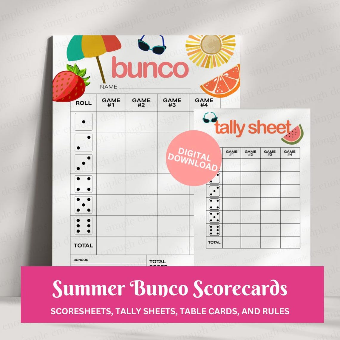 Summer Bunco Scorecards | Sunny Bunco Cards | Digital Printable Bunco ...