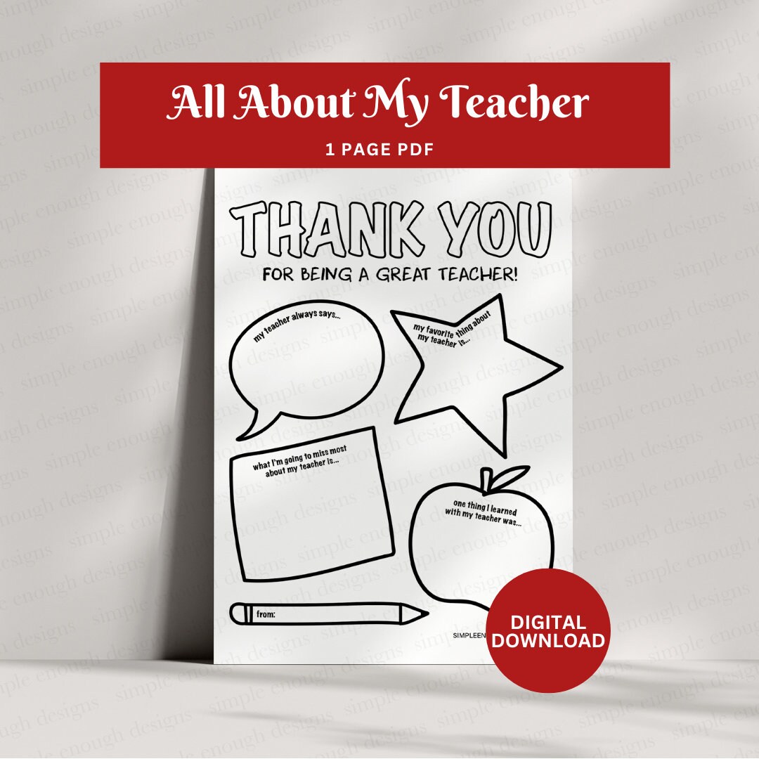 All About My Teacher Printable | Teacher Appreciation Gift ...