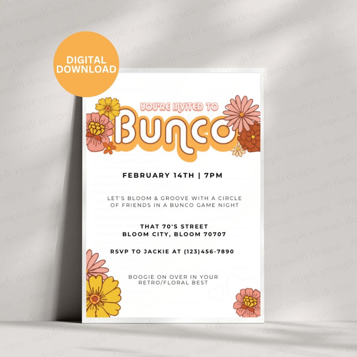 Groovy Bunco Invitation | Digital Printable Floral Bunco Invite | Bunco ...