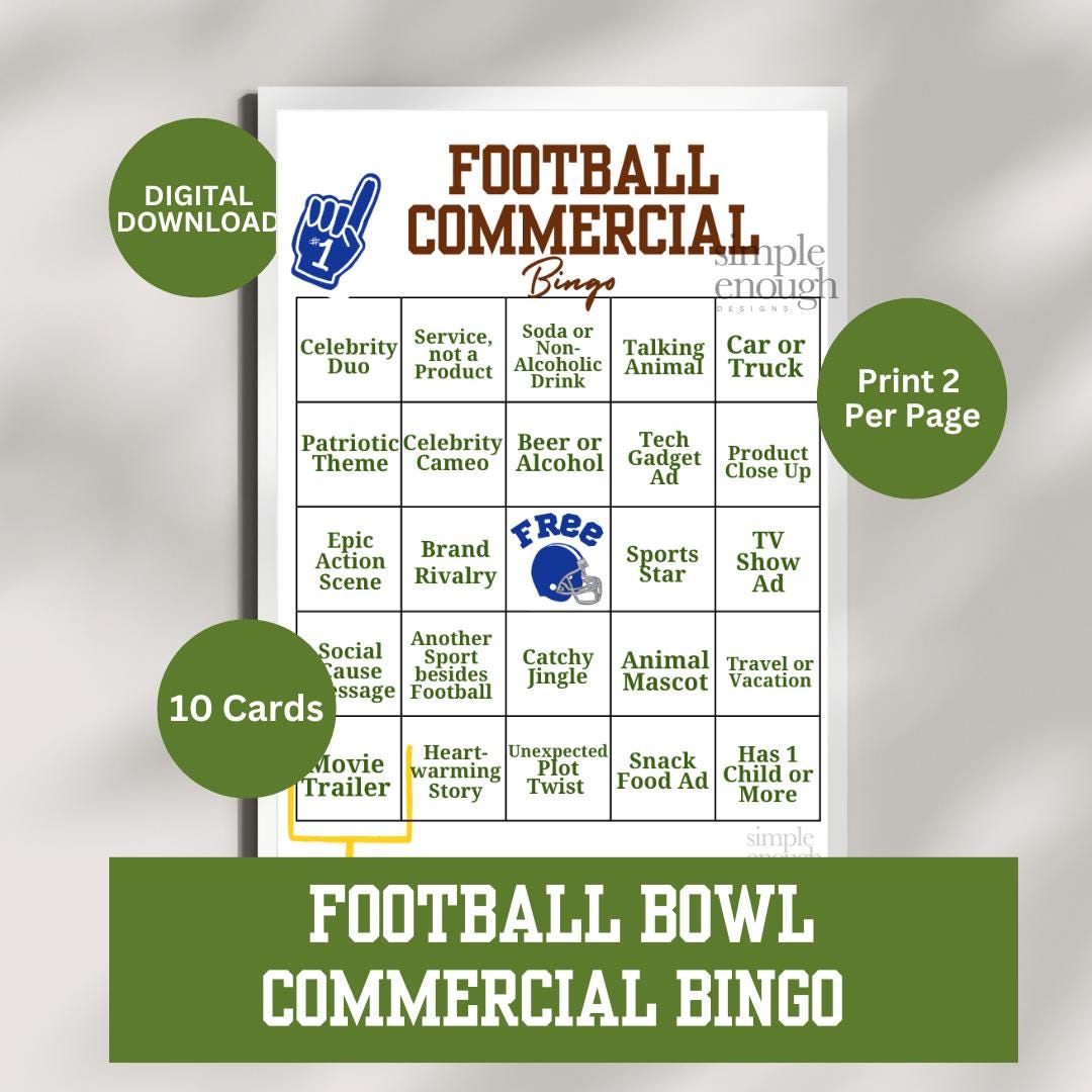 Football Commercial Bingo | Football Game Printable | Football Bingo ...