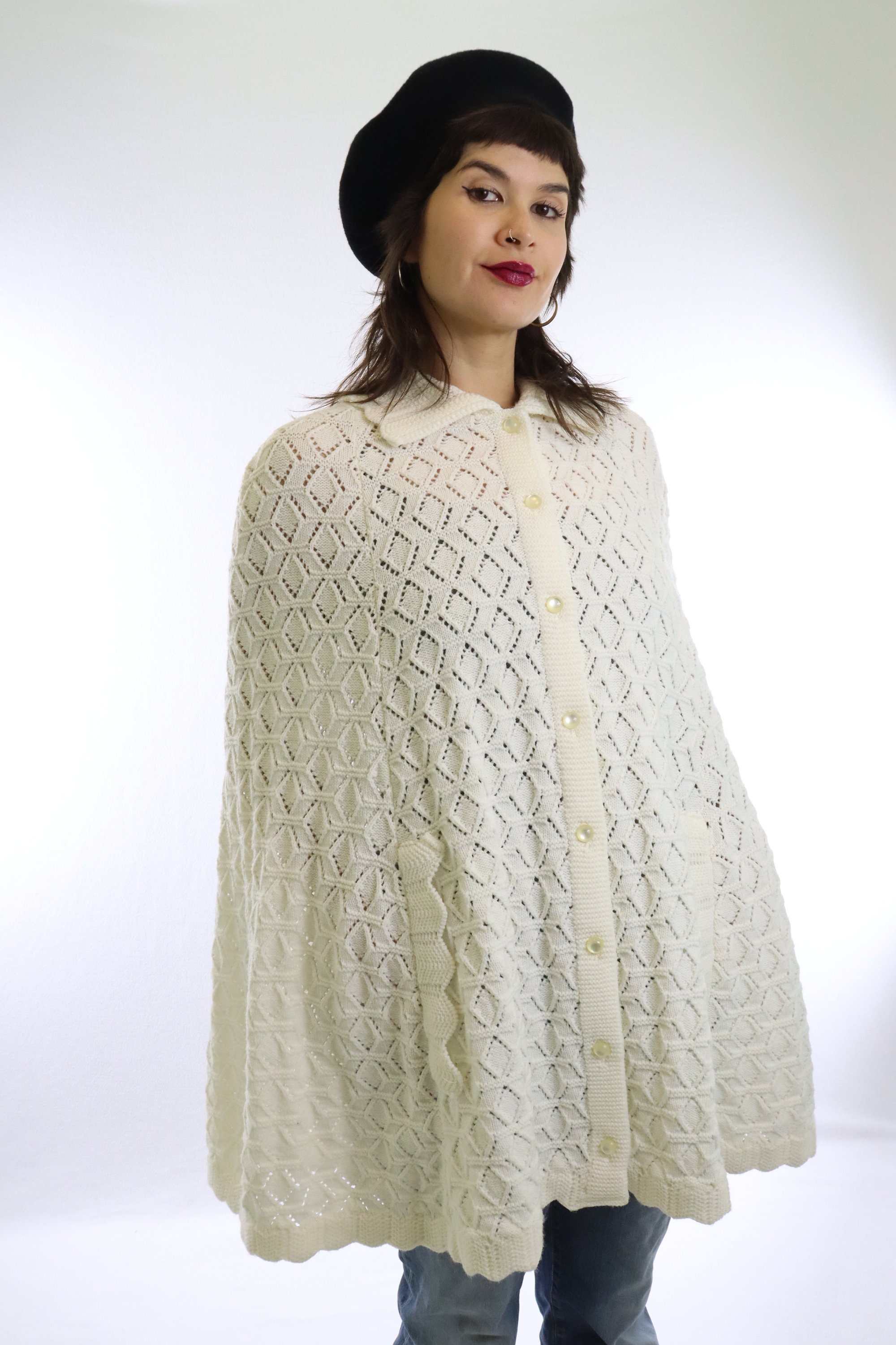Cream White Handknit Pancho Cape, Button Down Collared Crochet 1970's ...