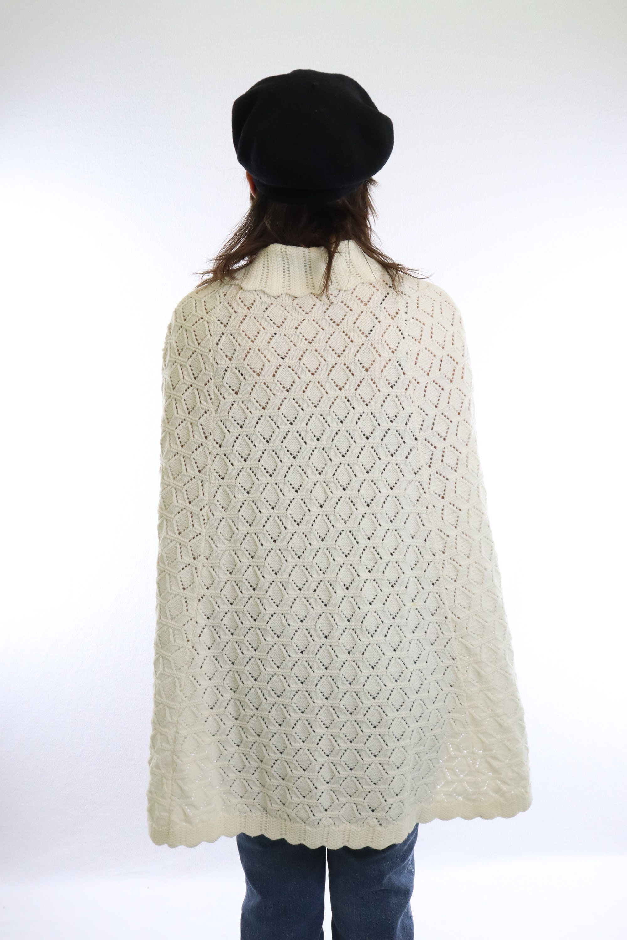Cream White Handknit Pancho Cape, Button Down Collared Crochet 1970's ...