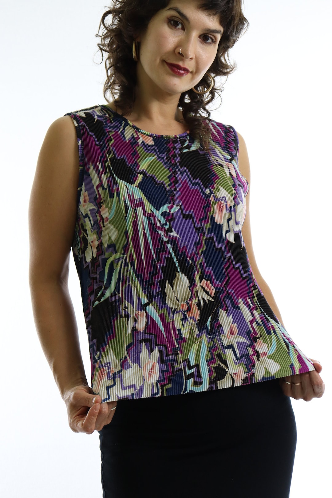 Vintage 1980s Floral Ribbed Tank Top, Art Deco Sleeveless Blouse, Size ...