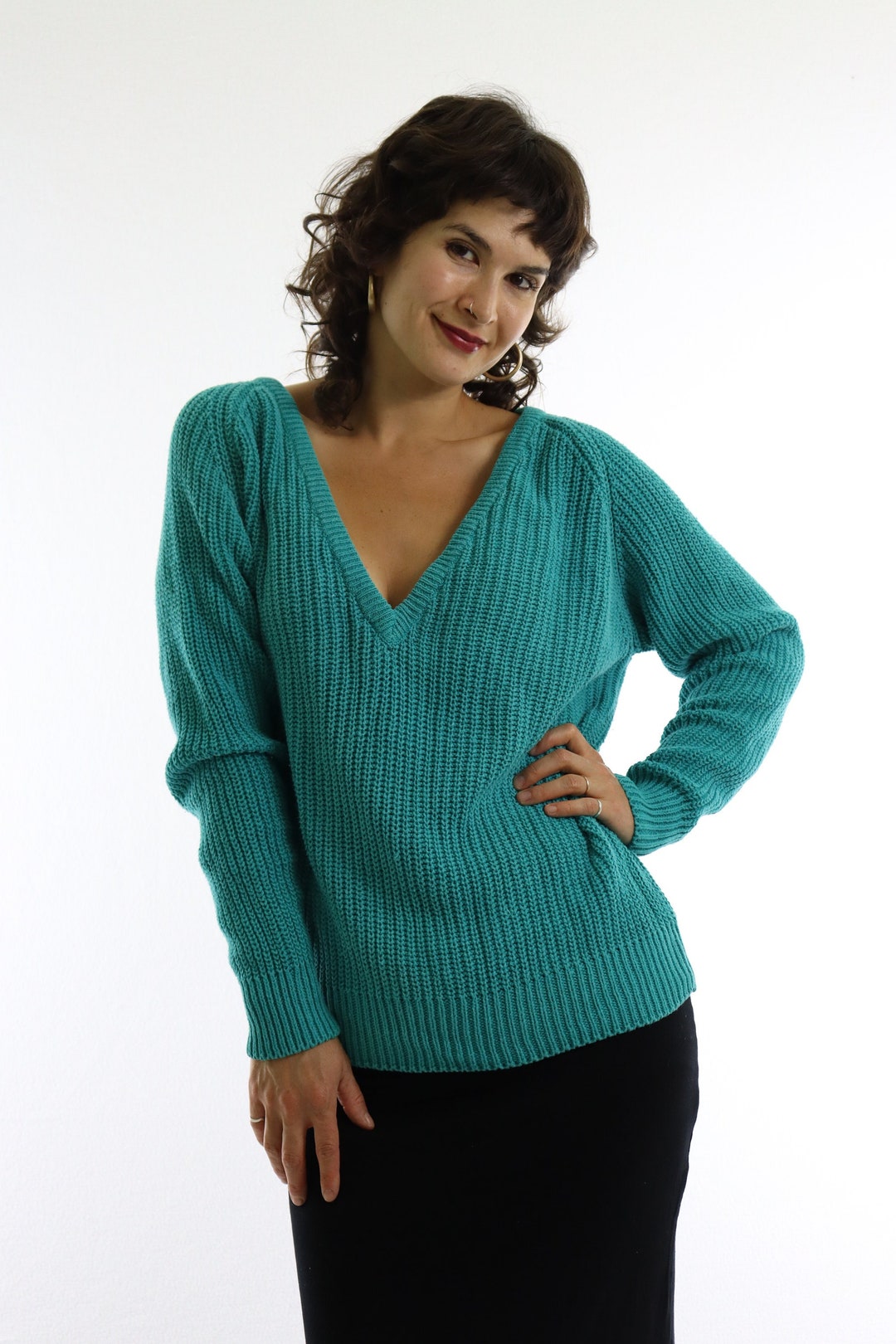 Vintage Express Teal Knit Sweater, 90s Slouchy V-neck (M/L) - Etsy