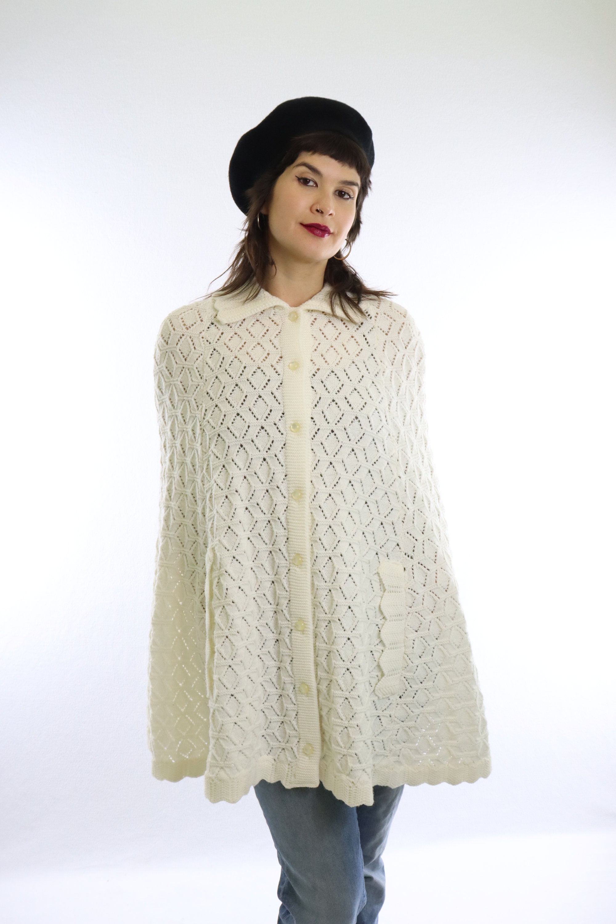Cream White Handknit Pancho Cape, Button Down Collared Crochet 1970's ...