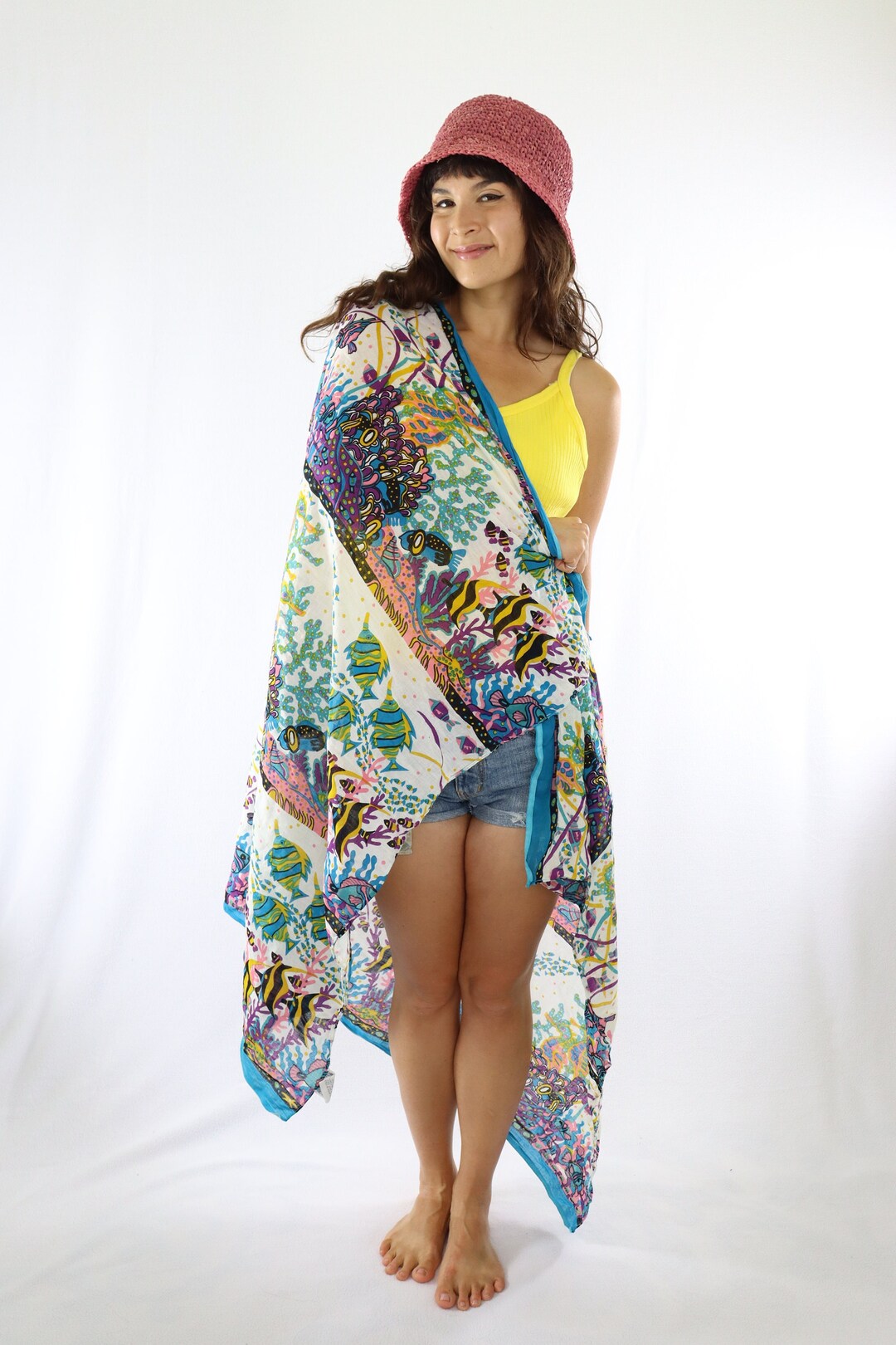 Large Tropical Reef Australian Design 1990's Indian Cotton Beach Sarong ...