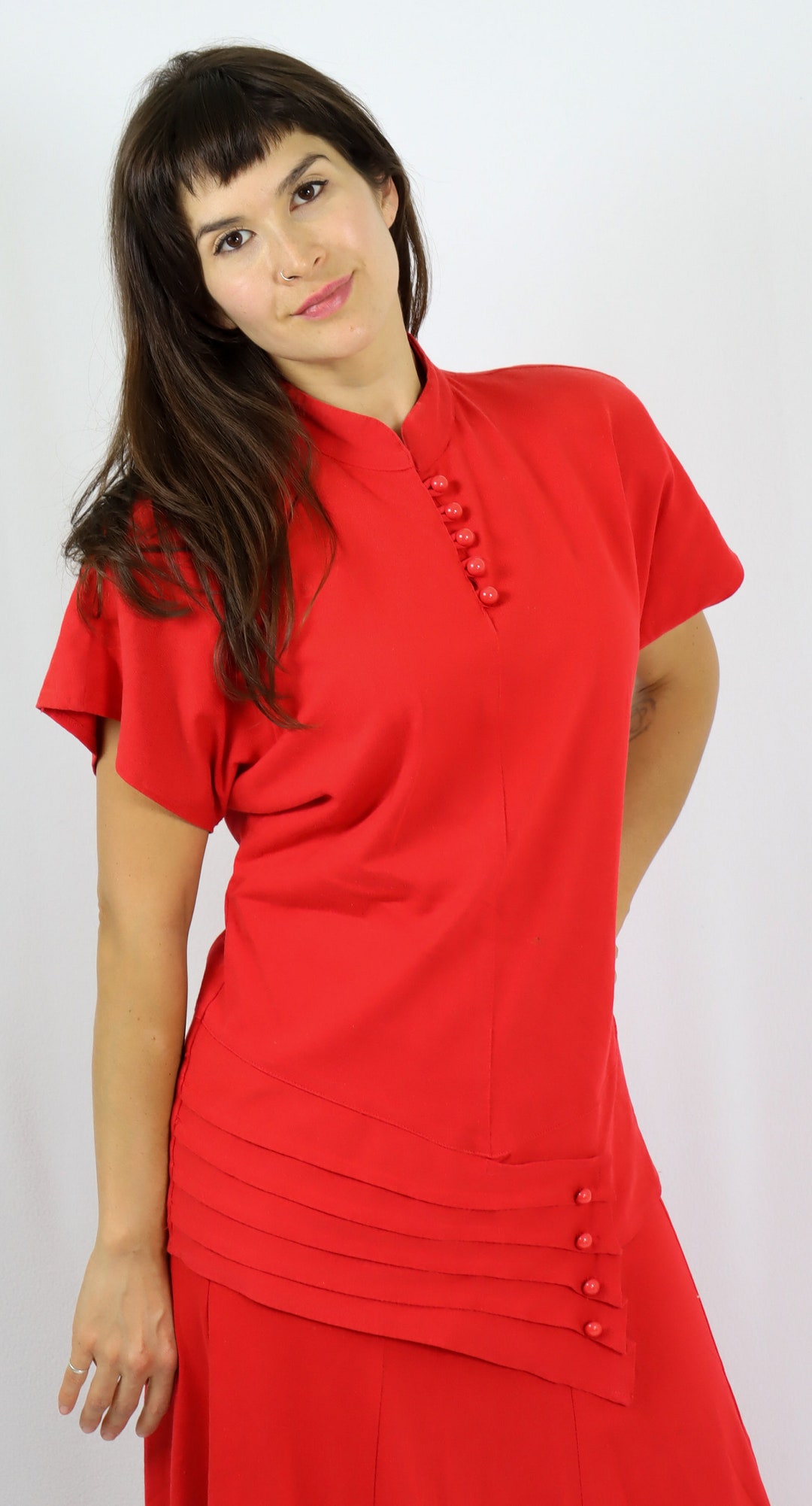 Bold Red Dragon Lady 80's Does 40's Drop Waist Mandarin Collar 2 Piece ...