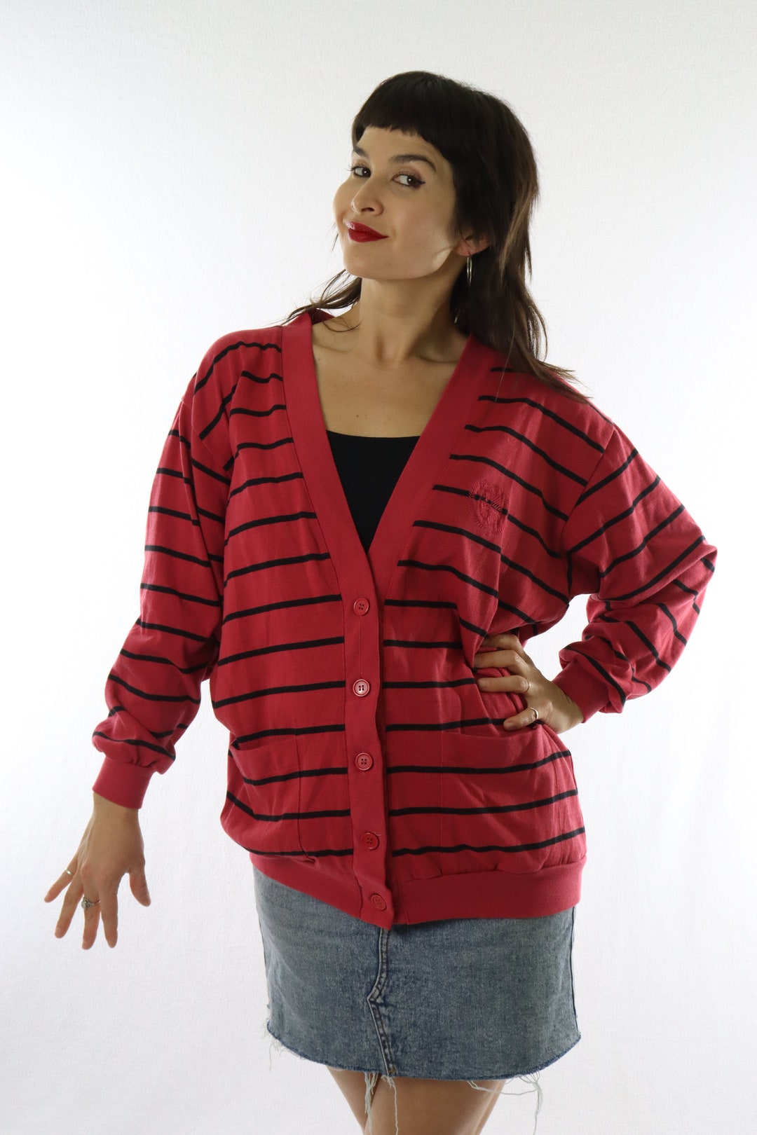 Oversized Raspberry Pink Preppy 1980's Striped Red V Neck Cardigan ...