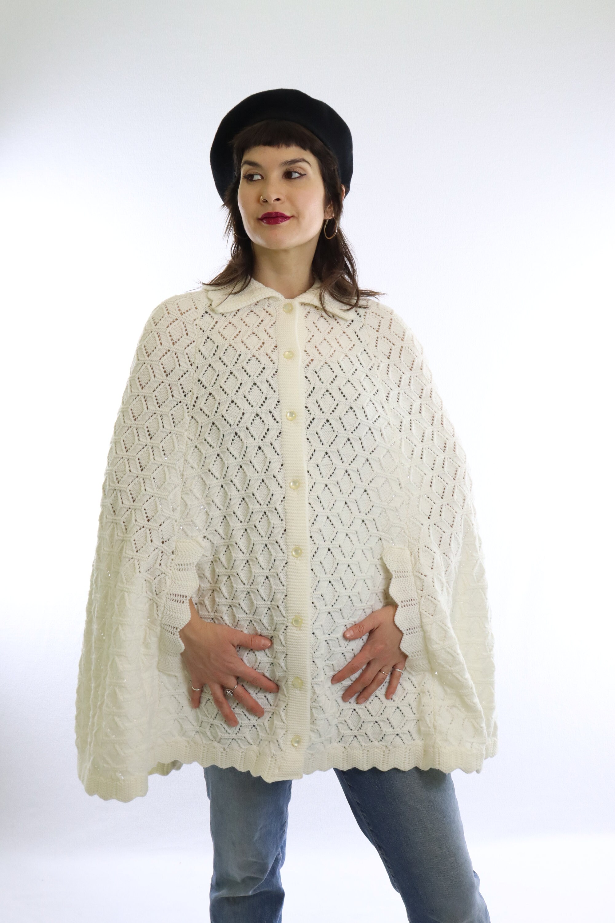 Cream White Handknit Pancho Cape, Button Down Collared Crochet 1970's ...