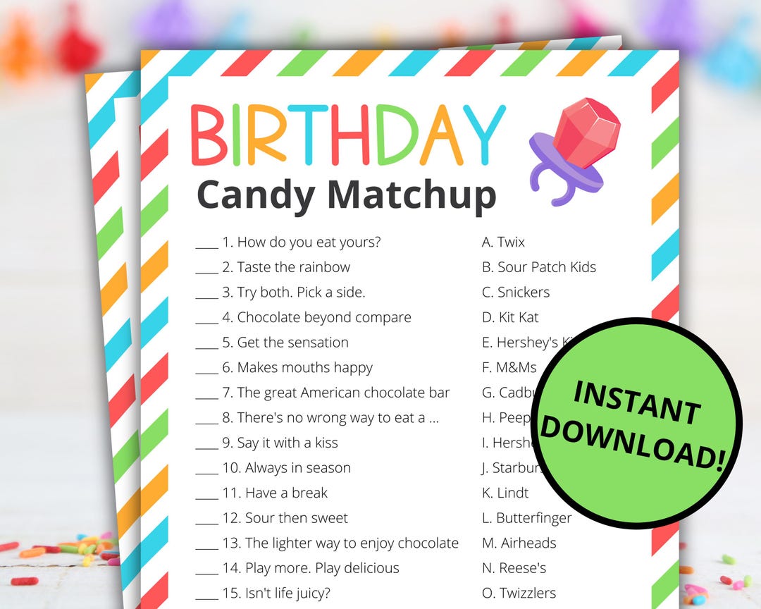 Birthday Candy Matchup | Printable Birthday Party Game | Birthday ...